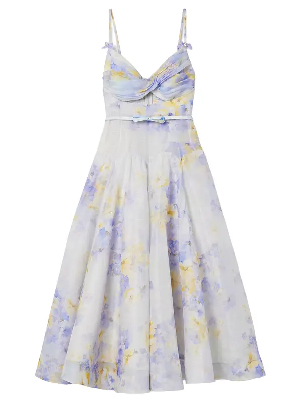Zimmermann Crush Belted Twist-front Embellished Floral-print Linen And Silk-blend Organza Midi Dress - Purple