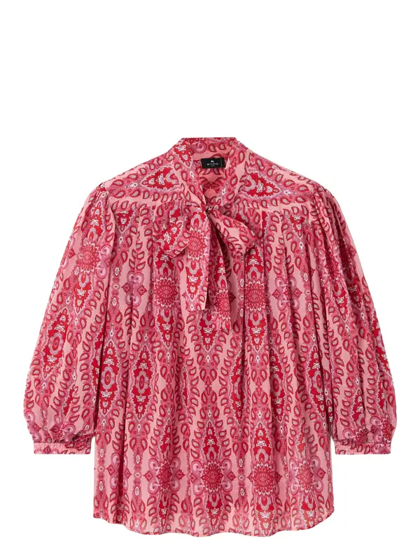 Etro Pussy-bow Pleated Paisley-print Cotton-poplin Blouse - Pink