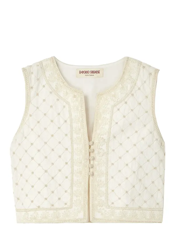 EMPORIO SIRENUSE Clara Palm Bead-embellished Ramie And Linen-blend Vest - White