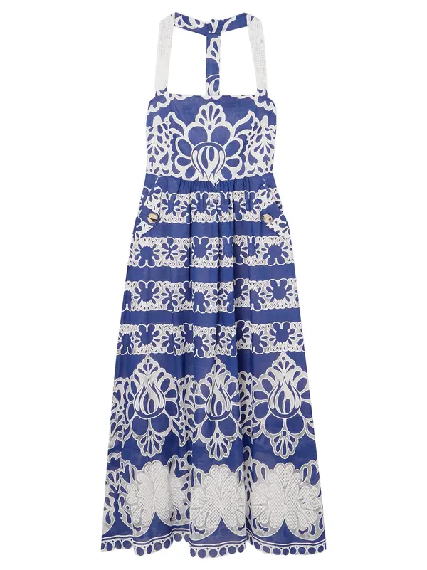 Borgo De Nor Mavaro Lace-trimmed Embroidered Midi Dress - Blue
