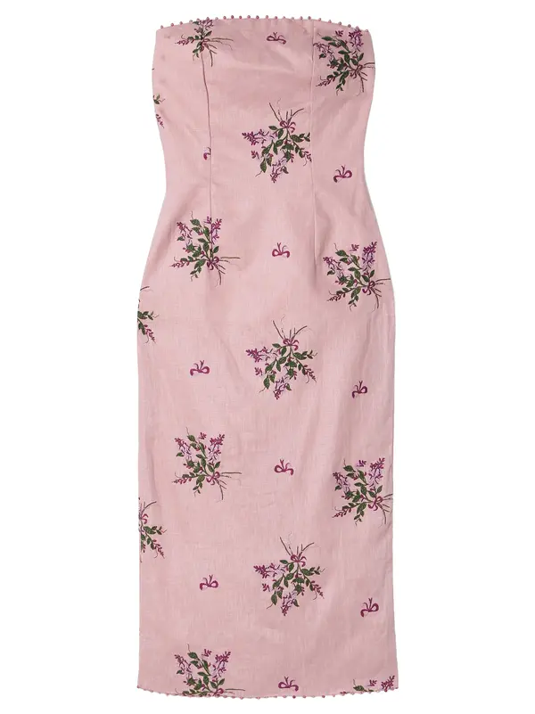 Agua Bendita Armonía Wisteria Embroidered Linen Midi Dress - Pink