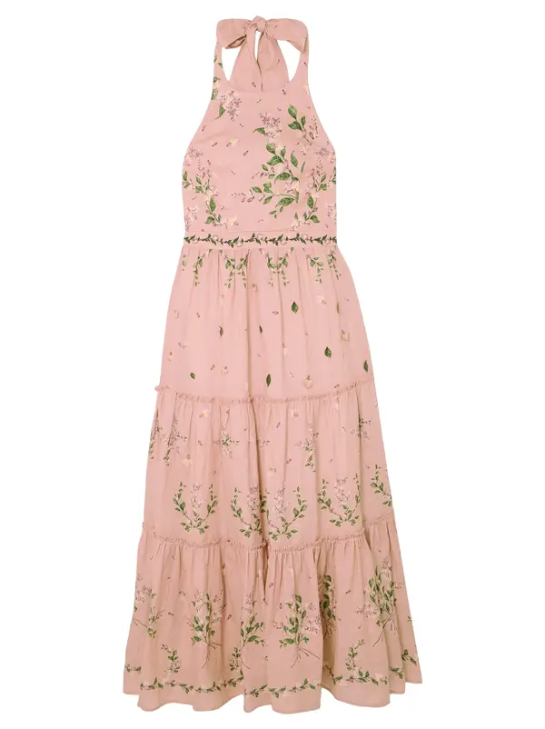 Agua Bendita Consuelo Wisteria Embroidered Linen Midi Dress - Pink
