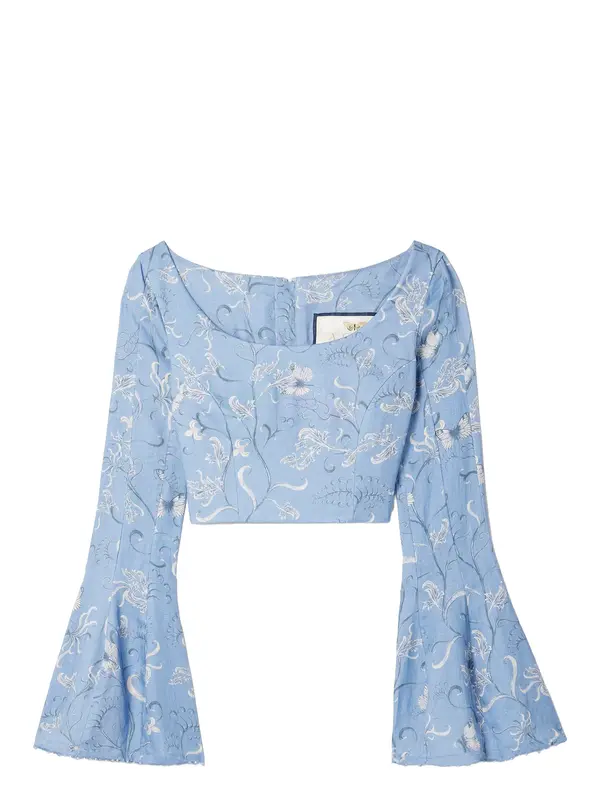 Agua Bendita Limoncillo Lymanopoda Cropped Bead-embellished Printed Linen Top - Blue