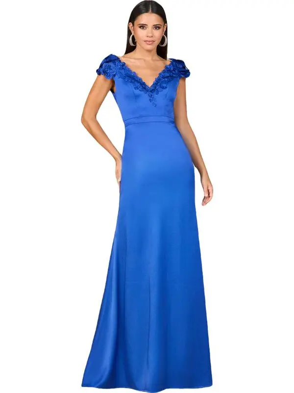 LARA NEW YORK V-neck Satin Backed Crepe Gown - Royal Blue