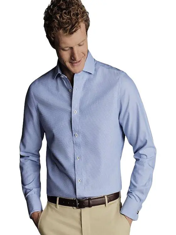 CHARLES TYRWHITT Non-iron Clifton Weave Cutaway Slim Fit Shirt Double Cuff - Ocean Blue