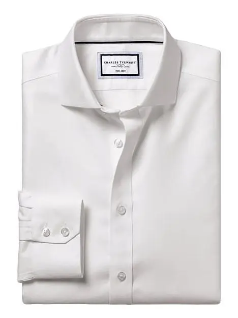CHARLES TYRWHITT Non-iron Clifton Weave Cutaway Slim Fit Shirt Single Cuff - White