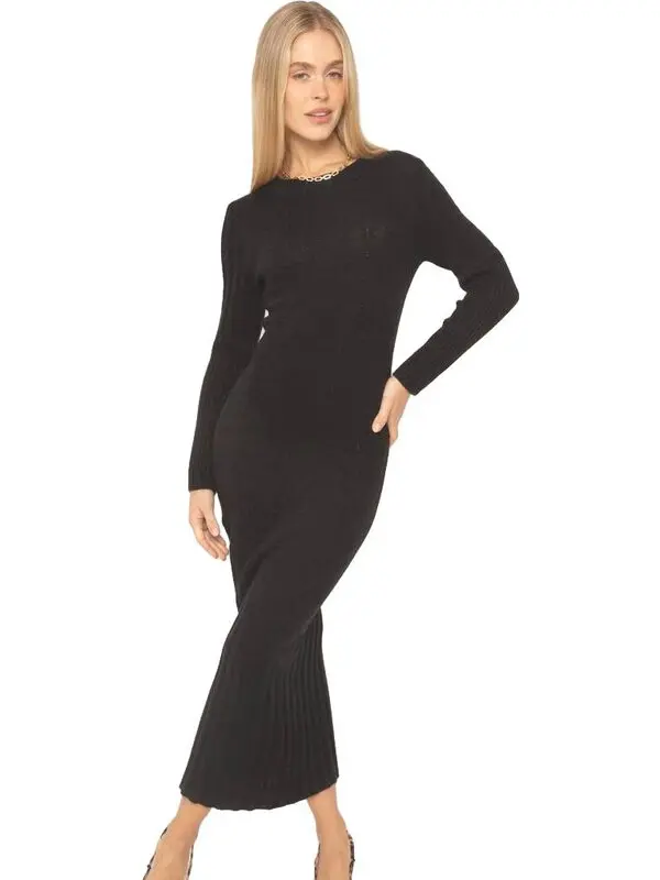 Central Park West Constance Cable Knit Maxi Dress Long Sleeve - Black
