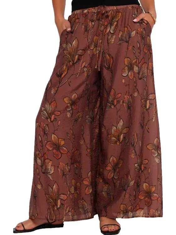 PETAL & PUP Larson Floral Print Wide Leg Pants - Brown Floral