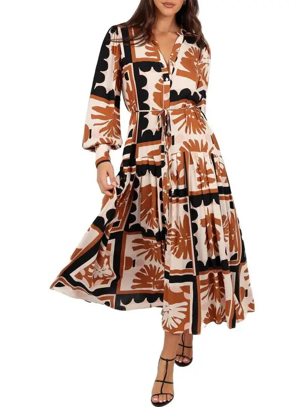 PETAL & PUP Jules Abstract Print Maxi Shirtdress - Brown Multi