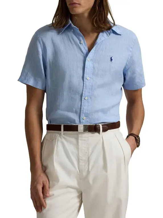 Polo Ralph Lauren Piece Dye Linen Short Sleeve Button-down Shirt - Blue