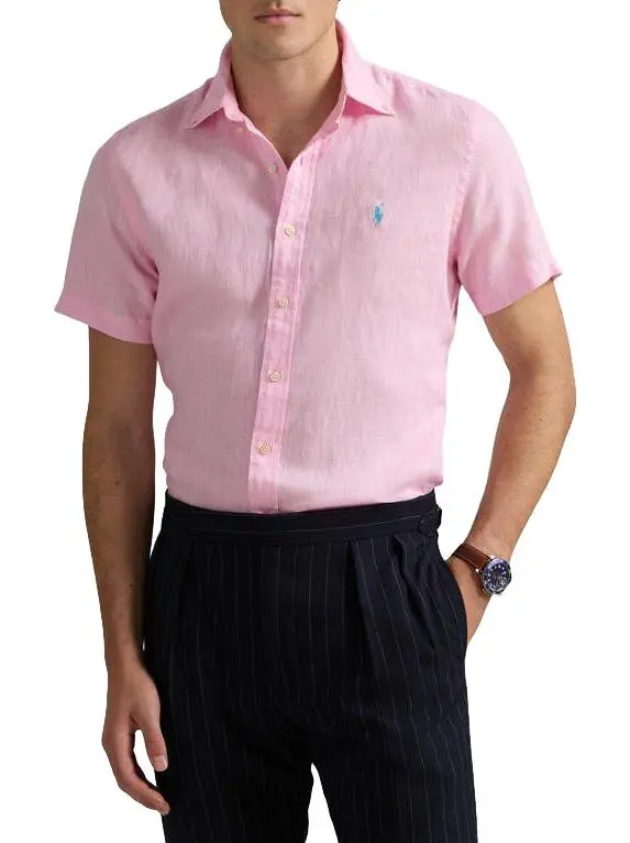 Polo Ralph Lauren Piece Dye Linen Short Sleeve Button-down Shirt - Pink