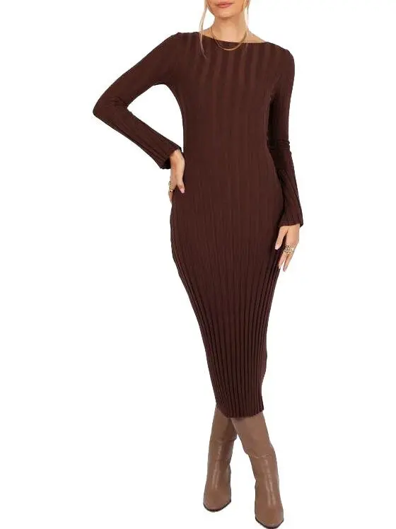 PETAL & PUP Jolene Long Sleeve Rib Maxi Dress - Brown