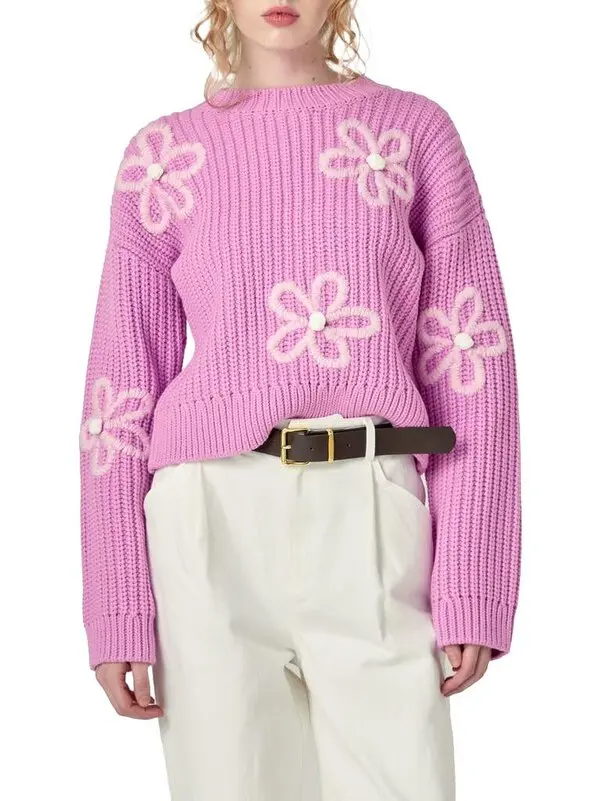 English Factory Flower Embroidered Crewneck Sweater - Pink