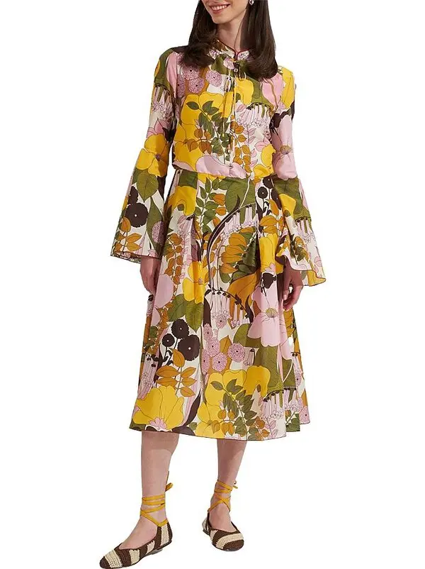 La DoubleJ Casanova Midi Dress With Trumpet Sleeves And Floral Print - Big Flower Rose Pink