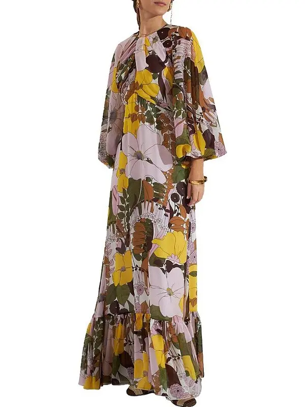 La DoubleJ Eve Printed Chiffon Maxi Dress - Big Flower Rose Pink