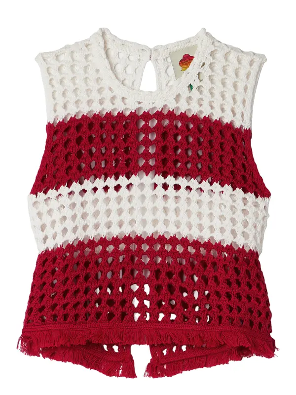Farm Rio Fringed Striped Crocheted Tank - Red