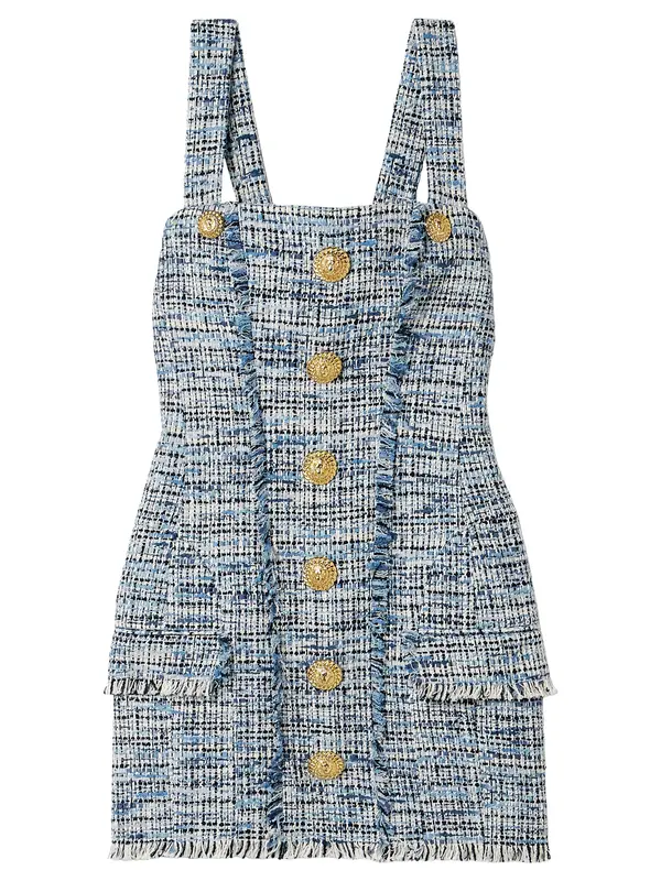Balmain Button-embellished Frayed Tweed Mini Dress - Blue