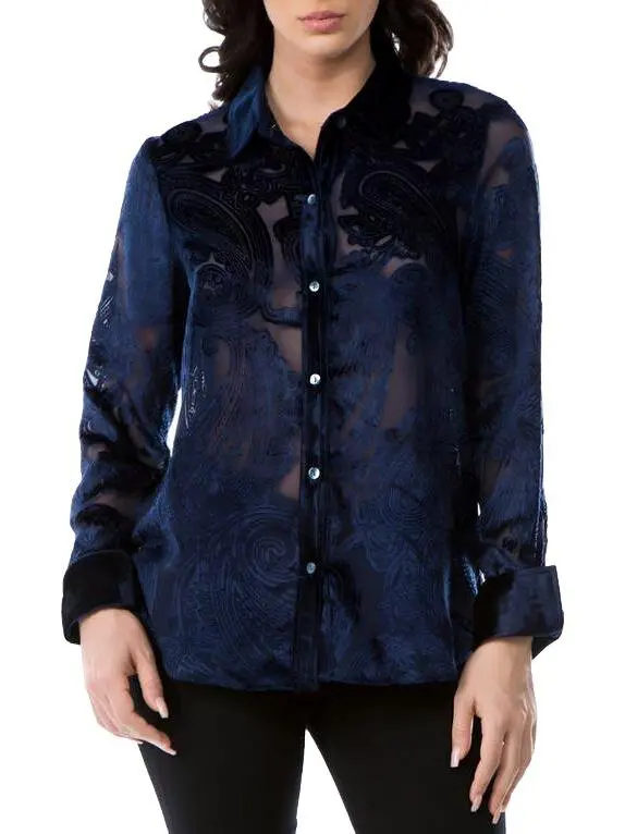 APNY Burnout Velvet Button-up Shirt - Navy