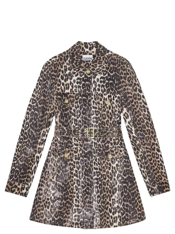 GANNI Leopard-print Denim Shirt Dress - Brown