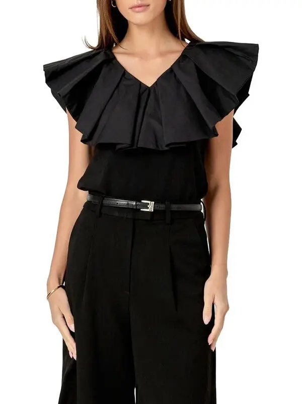English Factory Mixed Media Ruffle Top - Black