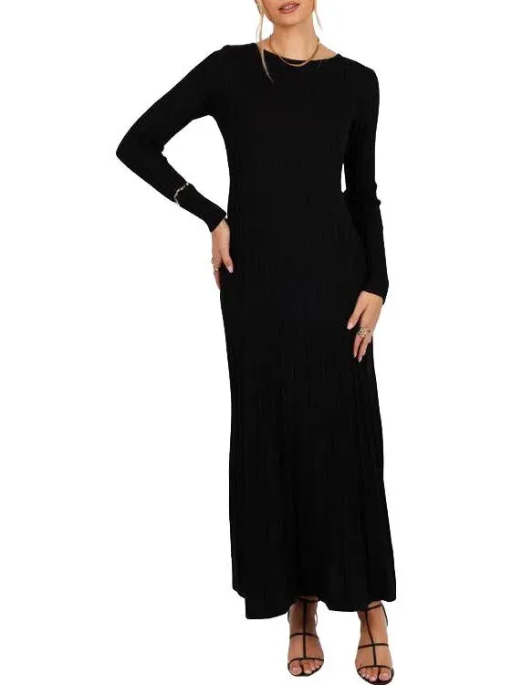 PETAL & PUP Alison Long Sleeve Rib Maxi Dress - Black