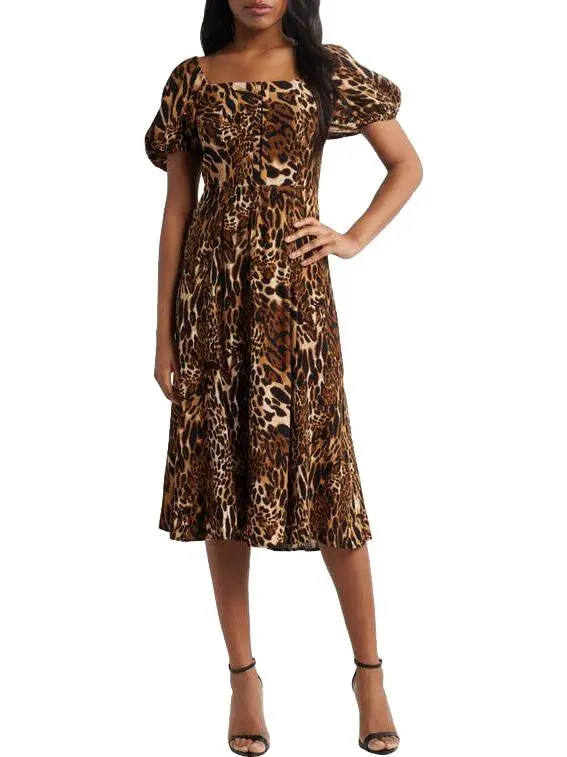WAYF Leonie Printed Puff Sleeve Midi Dress - Leopard Print
