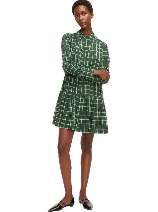 Rebecca Taylor Windowpane Silk Shirt Dress - Jasper Green Combo