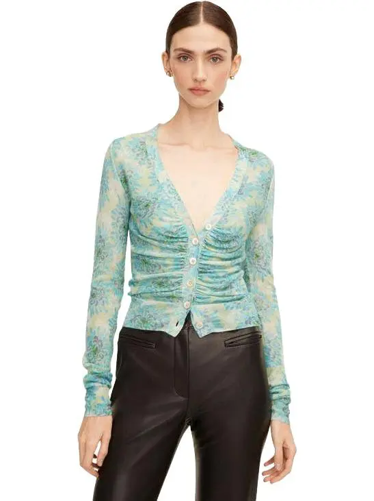 Rebecca Taylor Astera Fleur Ruched Cardigan - Fleur Turquoise Combo