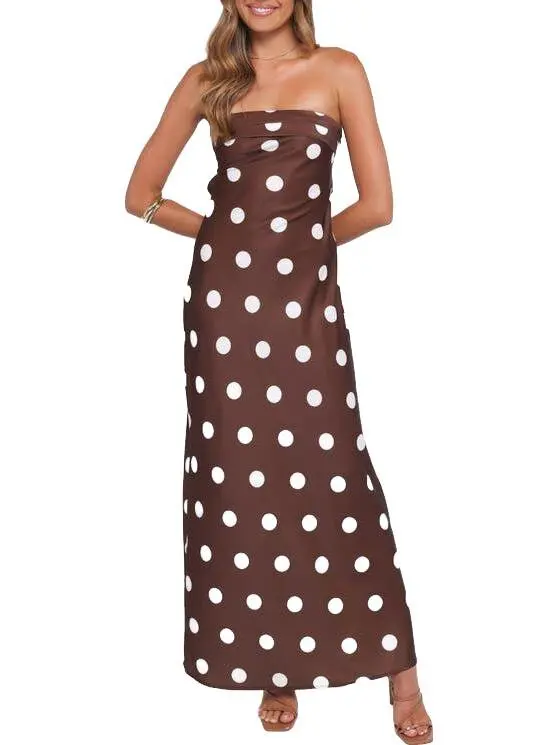 PETAL & PUP Remmie Strapless Maxi Dress With Cutout - Brown Polka Dot