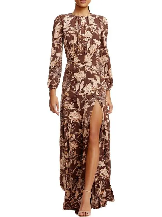 Dress The Population Joni Floral Long Sleeve Satin Gown - Mocha Multi