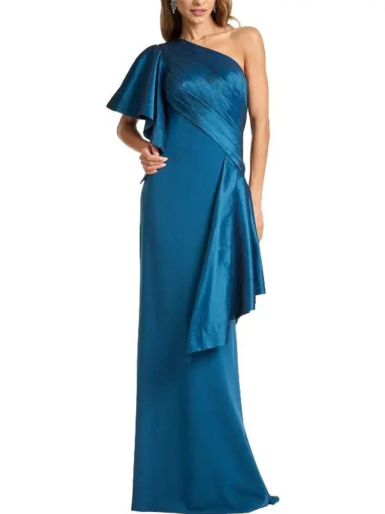 Tadashi Shoji Draped One-shoulder Mixed Media Gown - Cerulean