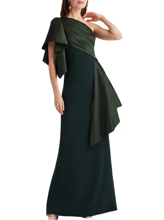 Tadashi Shoji Draped One-shoulder Mixed Media Gown - Dark Forest