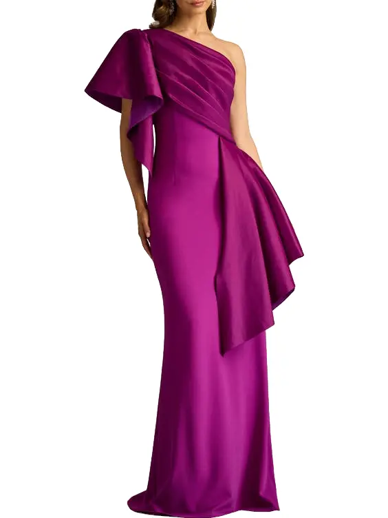 Tadashi Shoji Draped One-shoulder Mixed Media Gown - Magenta