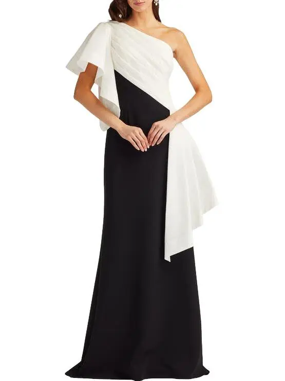 Tadashi Shoji Draped One-shoulder Mixed Media Gown - White/black