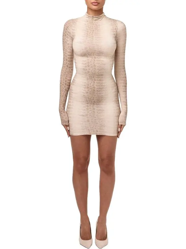 Naked Wardrobe Printed Long Sleeve Body-con Minidress - Bone Crocodile