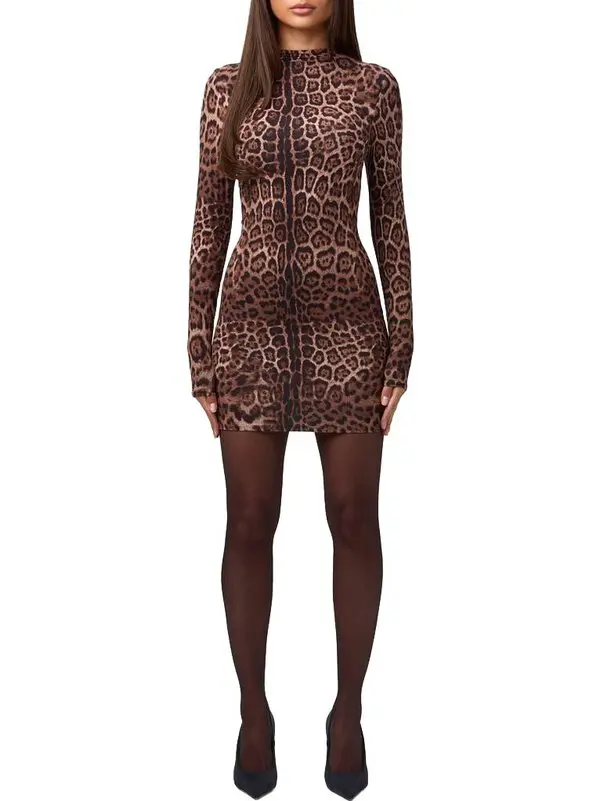 Naked Wardrobe Printed Long Sleeve Body-con Minidress - Brown Leopard