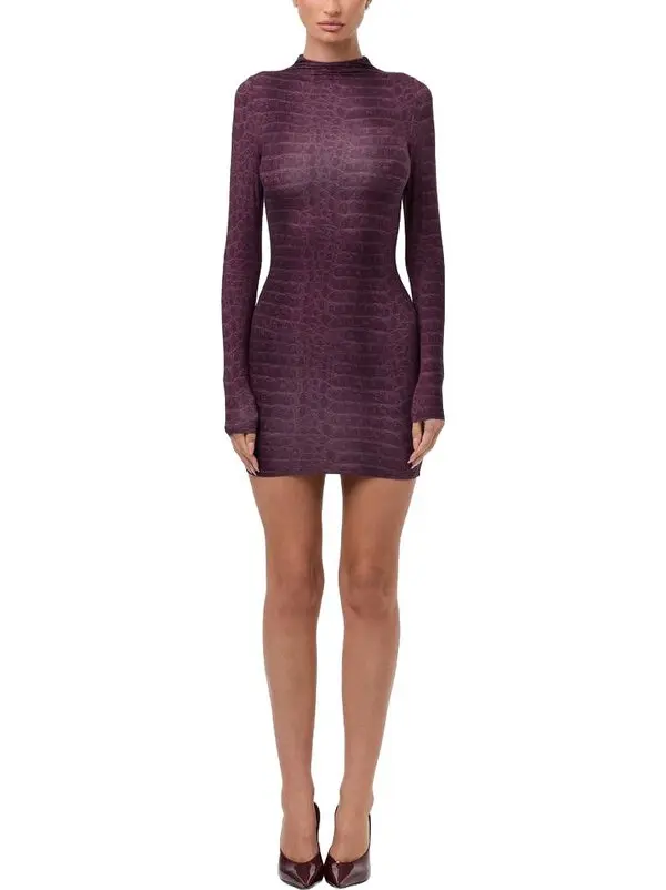 Naked Wardrobe Printed Long Sleeve Body-con Minidress - Dark Plum Crocodile