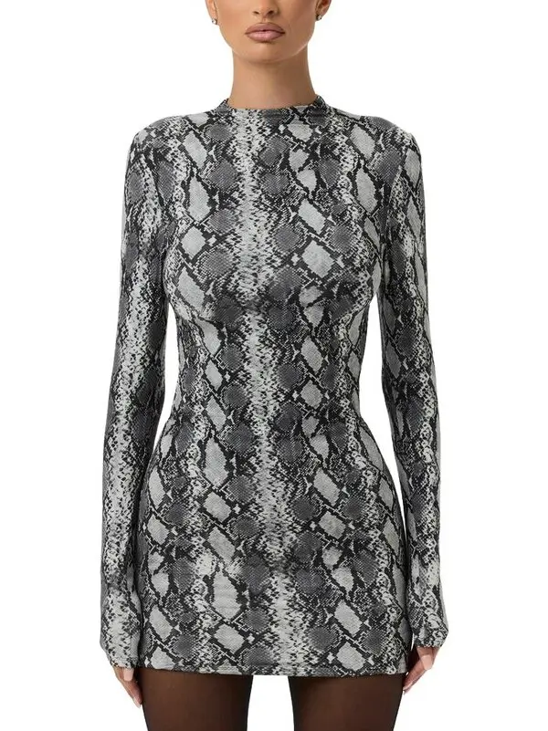 Naked Wardrobe Printed Long Sleeve Body-con Minidress - Grey Snakeskin