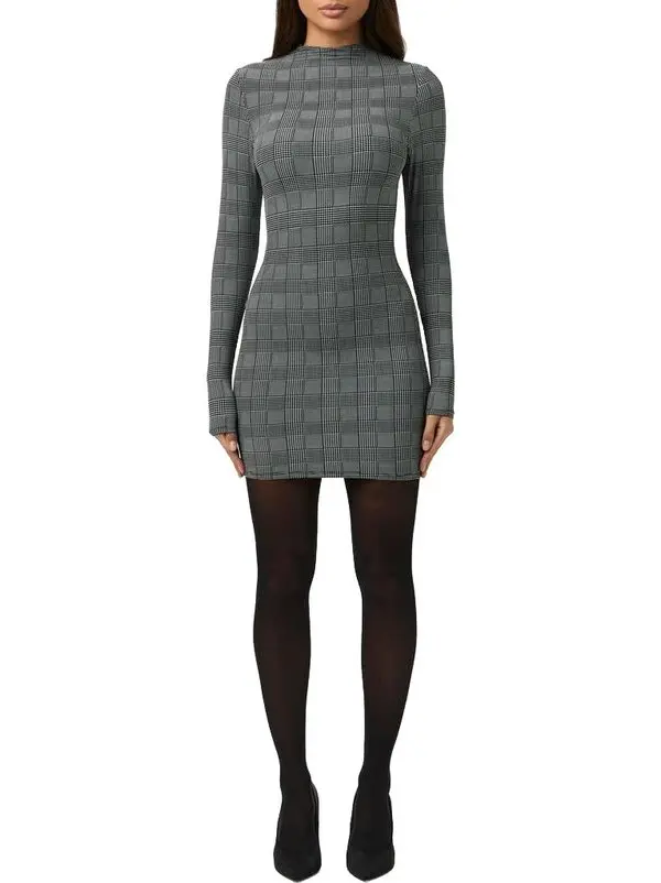 Naked Wardrobe Printed Long Sleeve Body-con Minidress - Houndstooth Plaid