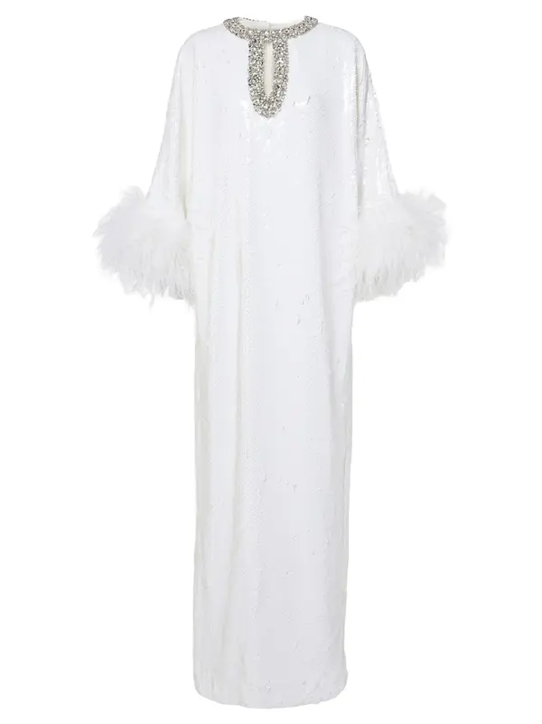 SELF-PORTRAIT Feather-trimmed Embellished Maxi Dress - White