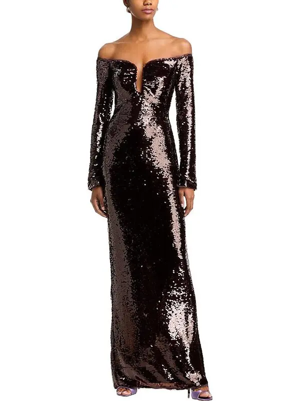 SELF-PORTRAIT Sequin Off The Shoulder Gown - Brown