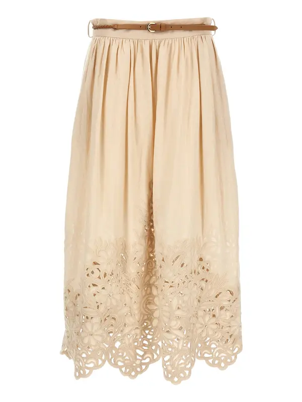 Zimmermann Wylie' Embroidered Linen Skirt - Beige