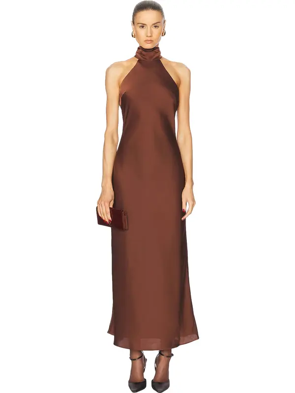 NICHOLAS Trina Sleeveless Midi Dress With Foldover Neck - Coffee