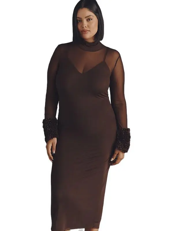 AFRM Ariel Mock-neck Ruffle-cuff Mesh Dress - Espresso