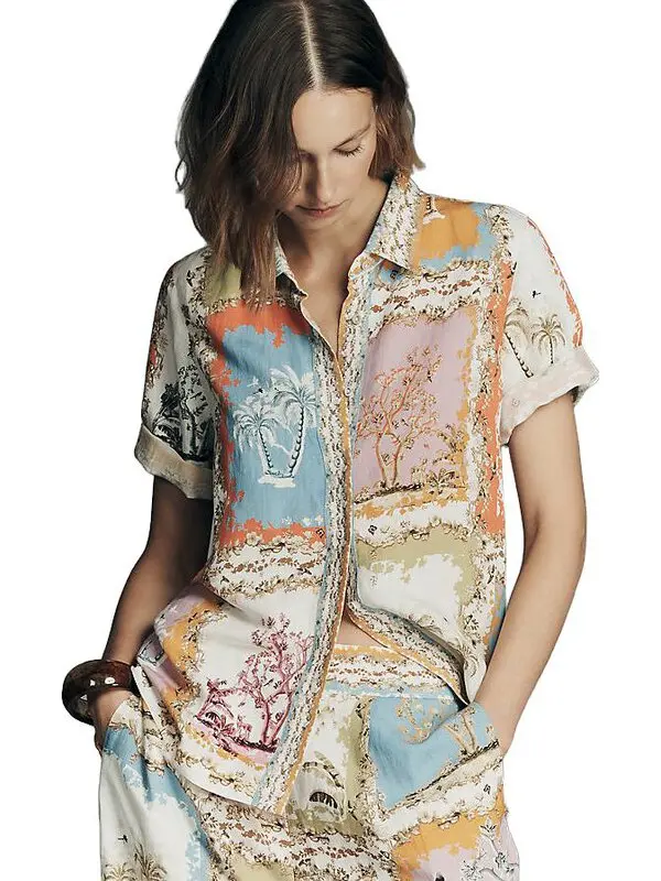 RANNA GILL Tropical Print Linen Collared Blouse - Palm Beach