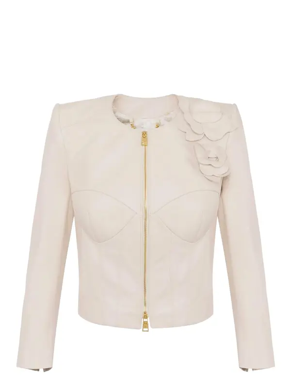 Elisabetta Franchi Flower Appliqués Leather Jacket - Neutrals