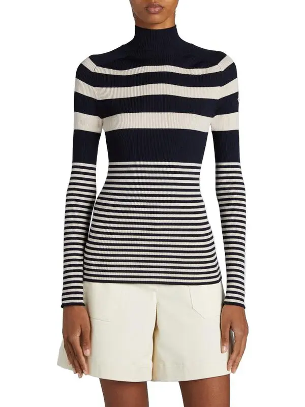 Moncler Stripe Virgin Wool Rib Mock Neck Sweater - White/ Blue