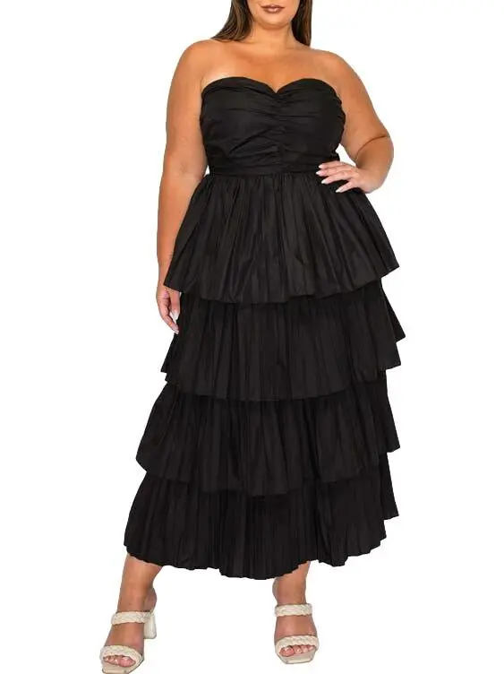 L I V D Eleni Strapless Pleated Tiered Dress - Black