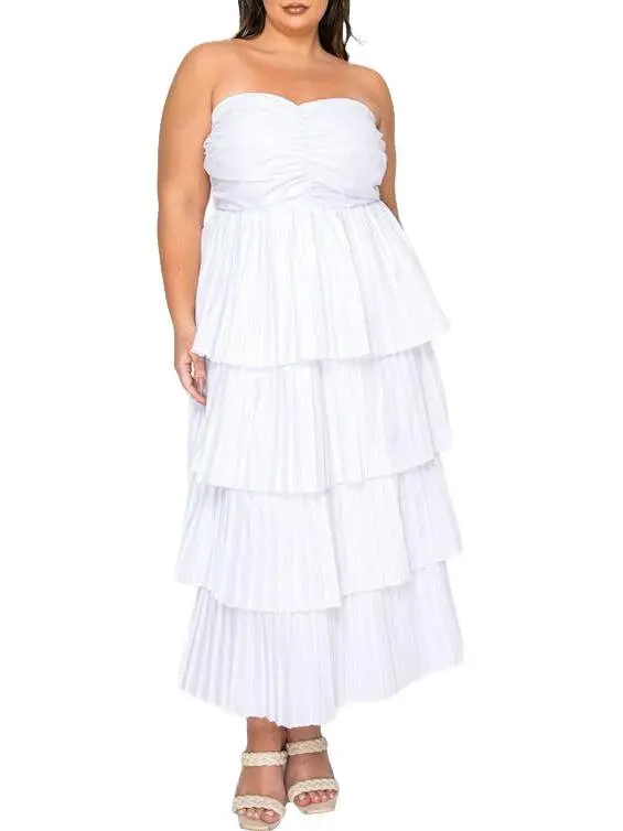 L I V D Eleni Strapless Pleated Tiered Dress - White