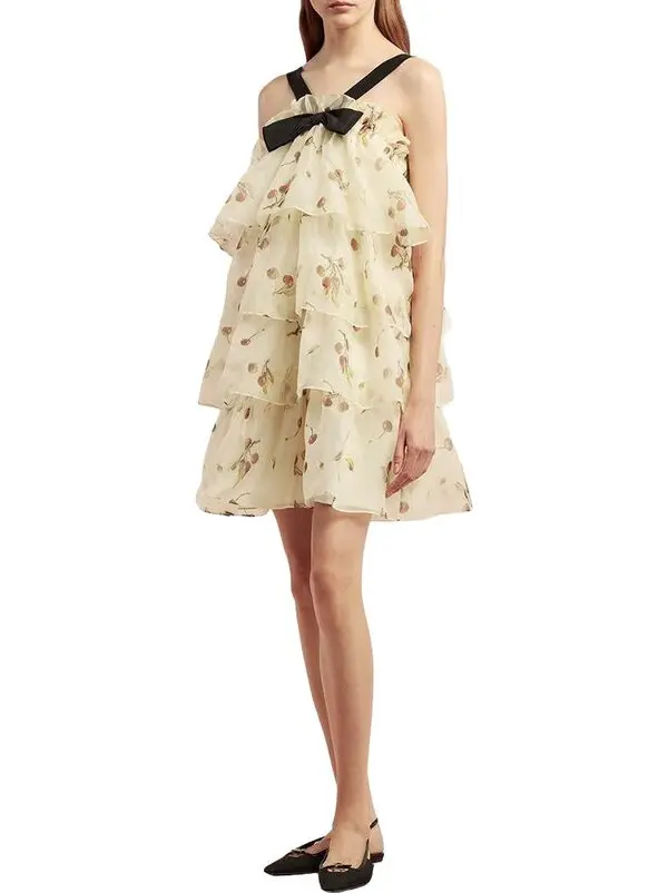 Rebecca Taylor Cherry Tiered Organza Dress - Cherry Print Ivory Combo